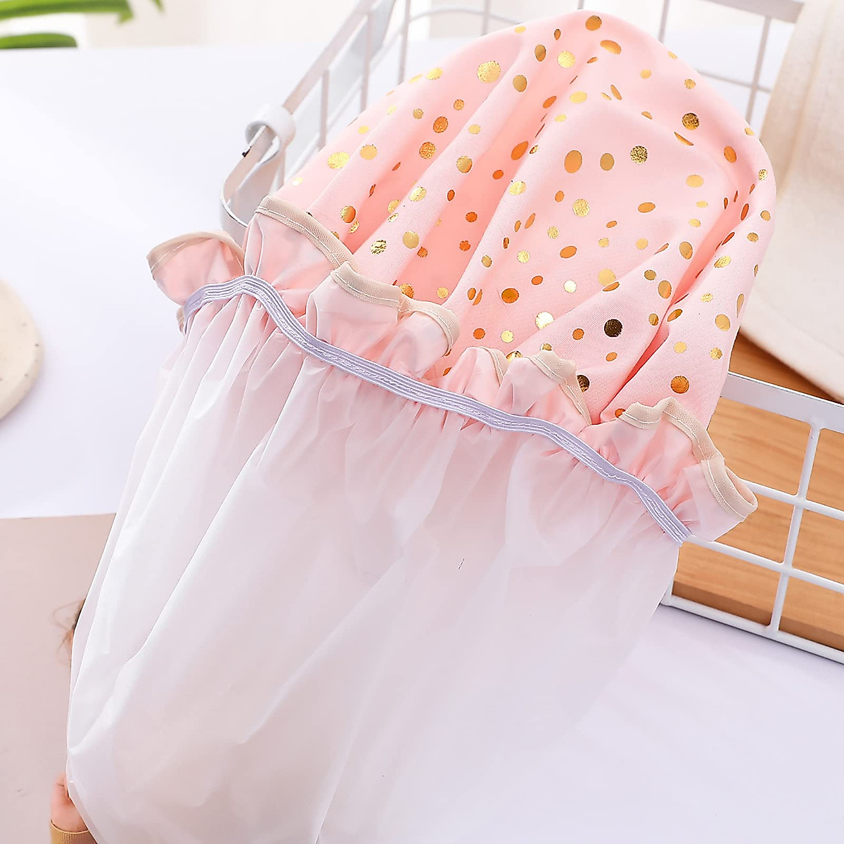 Qeuly 2 Pack Waterproof Shower Cap, Reusable Shower Cap for Women, Elastic Bathing Shower Hat Double Layers Bathing Hair Cap PEVA Lined Shower Hair Bath Cap (Pink Dots / Star)