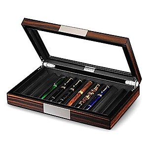 Lifomenz Co Wood Pen Display Box 10 Pen Organizer Box,Glass Pen Display Case Storage Box with Lid,Top Glass Window Pen Collection Display Case