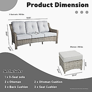 ovios 3 Piece Outdoor Patio Furniture with 3 Seat Sofa & Ottoman,Rattan Wicker Coversation Set with High Back,Sectional Sofa for Outside Porch Balcony Backyard Pool,Light Grey