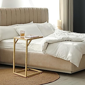 Homhedy C Shaped End Table,Tempered Glass with Metal Frame, Small Side Tables for Living Room, Bedroom, TV Tray Table for Small Space, Modern Style, Golden