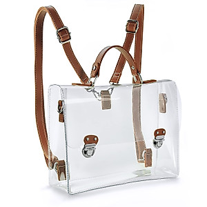 Clear PVC Backpack for Stadium Approved Multifunction Transparent Shoulder Handbag Unisex Messenger Satchel Cross Body Bag (Brown)