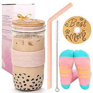 ANOTION Christmas Mom Gifts, Best Mom Ever 24oz Wide Mason Jar with Lid and Straw Novelty Mothers Day Gifts from Daughter Son Birthday Gift for Mom New Mom Gift with Exquisite Box Packing