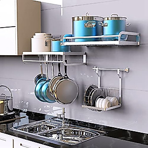 ETECHMART Hanging Pot Rack, 3 in 1 Wall Mounted Pan Holder with 10 Hooks, Heavy Duty Dish Rack Cookware Organizer, Kitchen Storage Shelf for Utensils, 2 Installation Way, Easy Assembly, Silver