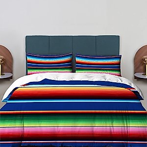 BaoNews Purplish Blue Mexican Stripes Duvet Cover Set King Size,3 Pieces Red Ethnic Serape Bedding Set Hotel Quality 100% Cotton Comforter Cover Set with 2 Pillowcases(No Filler)