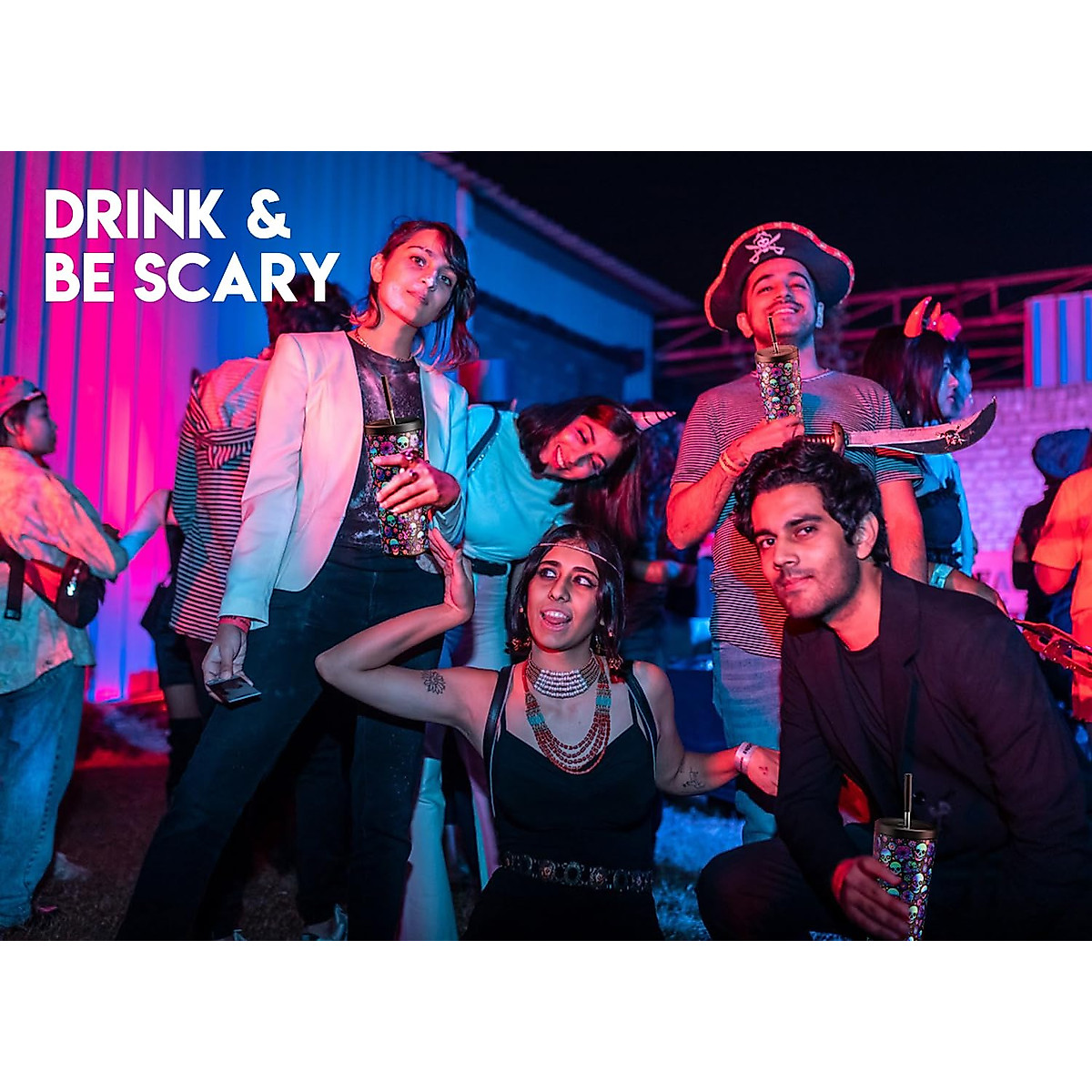 Meoky 24 oz Halloween Tumbler with Lid and Straw, Stainless Steel Vacuum Insulated Tumbler, Keeps Cold for 24 Hours, 100% Leak Proof, Fits in Car Cup Holder (Black Skull)