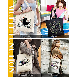 AUSVKAI Cute Book Canvas Tote Bag Aesthetic For Women Grocery Bag Cotton Beach Totes Gift-Black Cat Book