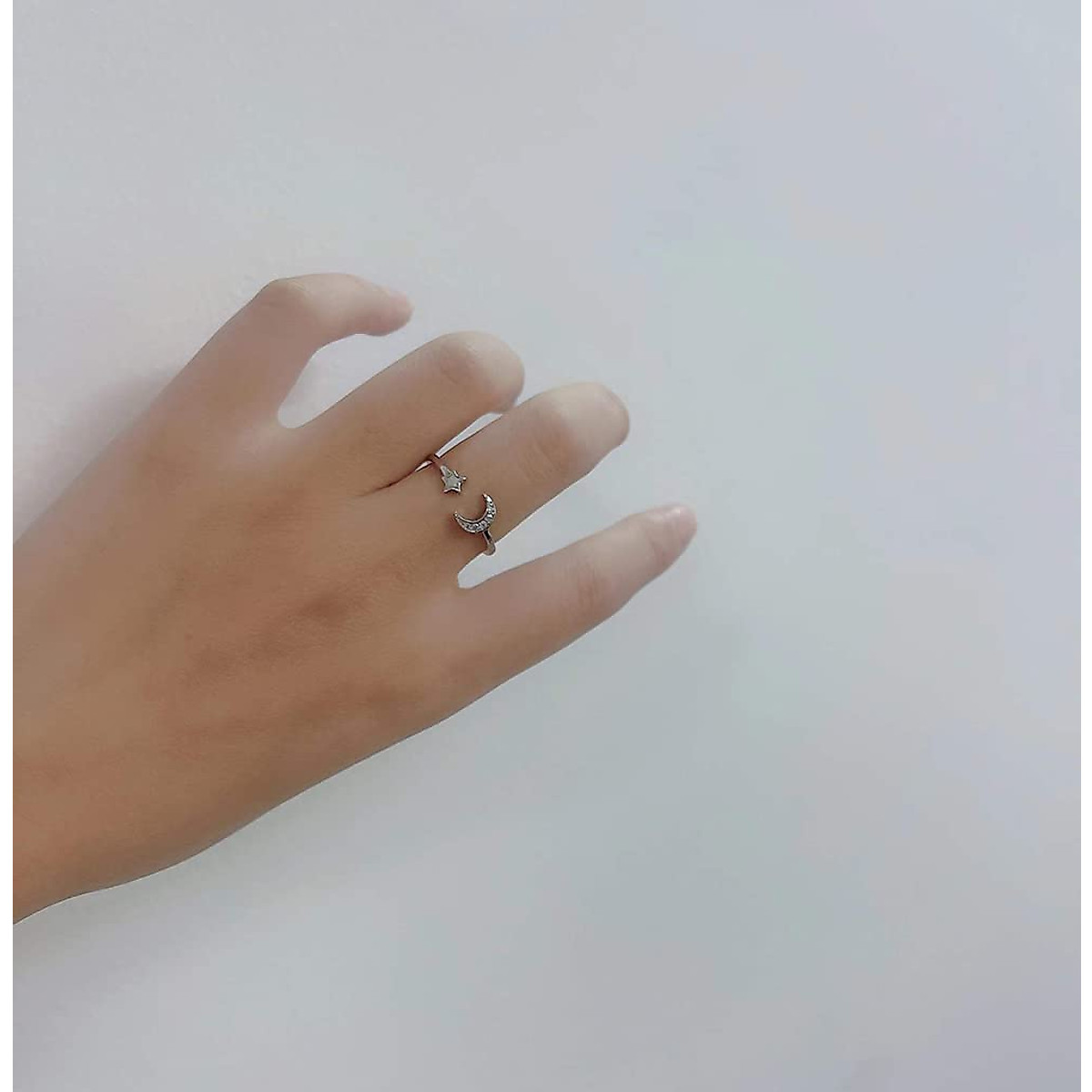 Opal Star Moon Open Adjustable Ring for Women Girls 925 Sterling Silver Crystal Cubic Zirconia Crescent Moon Lucky Stars Stacking Statement Thin Tail Finger Band Eternity Love Promise Expandable