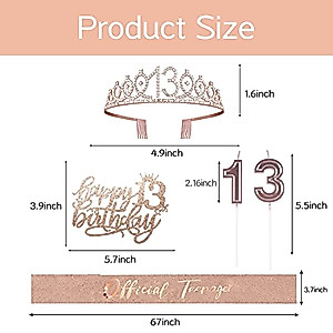 BEAN LIEVE 13th Birthday Decorations - Including 13th Birthday Sash, 13th Birthday Diamond Crown/Tiara, Birthday Candles and Cake Toppers, Rose Gold Maiden Gift 13th Birthday Celebration.