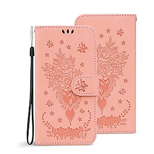 ONV Flip Case Compatible with Samsung Galaxy S9 Plus - Rose Butterfly Embossed Phone Case with Card Holder Lanyard Stand Case Leather Magnetic Wallet Cover for Samsung Galaxy S9 Plus [XT] -Pink