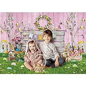 Maijoeyy 7x5ft Easter Backdrop Pink Wood Spring Floral Easter Backdrop for Photography Easter Eggs Green Grass Easter Party Decoration Kids Newborn Baby Party Photoshoot Background