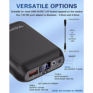 Topdot Heated Vest Battery Pack - 7.4V/5V 16000mAh Rechargeable Power Bank with LED Display and DC/USB/Type-C Output for Heated Vests, Jackets, and Hoodies - Portable Charger with USB-C Charging Cord