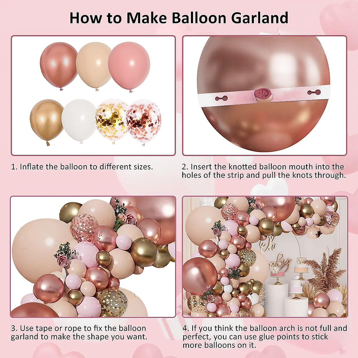 Rose Gold Pink Balloon Garland Kit, Pastel Pink Gold Metallic Nude White Balloons Rose Gold Confetti Balloons for Bridal Shower Wedding Girl Birthday Baby Shower Princess Party Decorations…