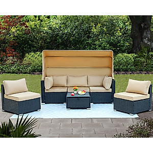 TITIMO 6 Pieces Patio Furniture Set Outdoor Conversation Set Daybed with Retractable Canopy Patio Sectional Rattan Sofa Set W/Adjustable Backrest and Table for Poolside (Brown)