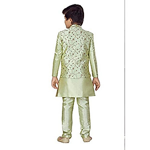 AHHAAAA Kids Ethnic Banarasi Silk Waistcoat Kurta Pajama Set for Boys Green