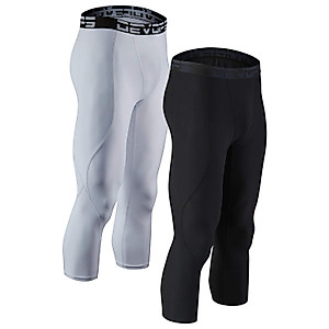 DEVOPS 2 Pack Men's 3/4 Compression Pants Athletic Leggings (Large, Black/White)