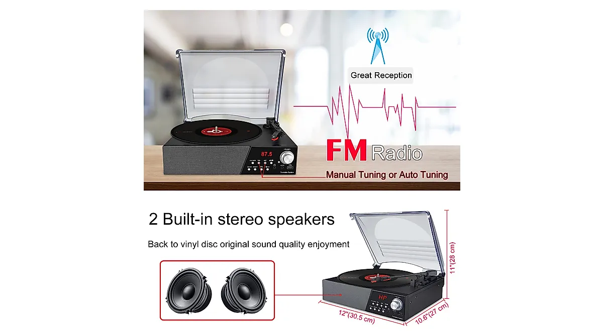 HONGUT Record Player, 3 Speed Turntable Vinyl Record Player with Bluetooth Speaker, MP3 Player ...