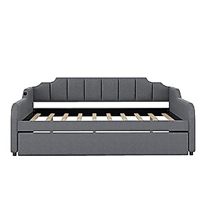 Upholstered Daybed with Pop Up Trundle, Full Size Daybed with Trundle and USB Charging Design, Trundle can be Flat or Erected, Extendable Daybed Frame for Kids Teens (Grey,Full)