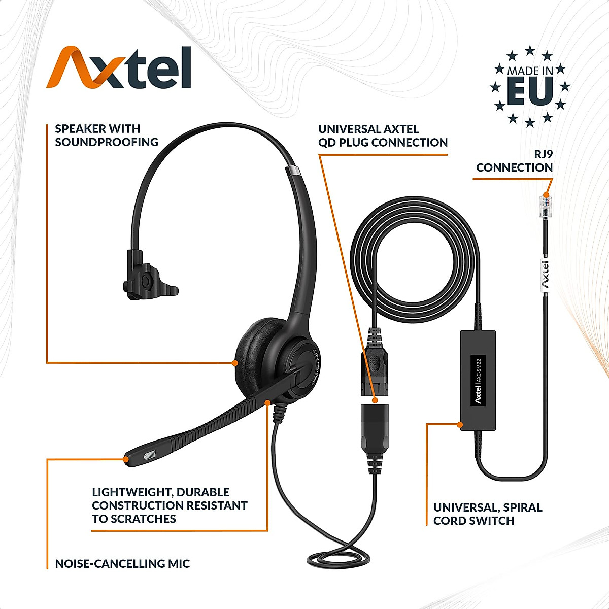 Axtel Bundle Elite HDvoice Mono NC with AXC-SM22 Cable | Compatible with Aastra, Avaya 1400/5400/5600/6400/9500/J100, Mitel 5200/5300/6800/8500, NEC, Shoretel IP Phones