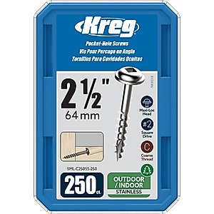 Kreg SML-C250S5-250 Stainless Steel Pocket Hole Screws - 2 1/2-Inch, #10 Coarse, Washer Head, 250 count