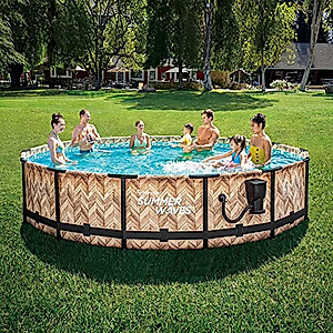 Summer Waves Light Oak Elite 14 Foot by 36 Inch Outdoor Backyard Round Frame Above Ground Swimming Pool Set with Ladder and Filtration Pump
