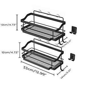 Sinminou Adhesive Shower Caddy With 5 Hooks & 2 Tower Hanger, Rustproof SUS304 Stainless Steel Shower Shelf Basket, Wall Mounted No Drilling Shower Organizer Shampoo Holder - 2 Pack (Black)