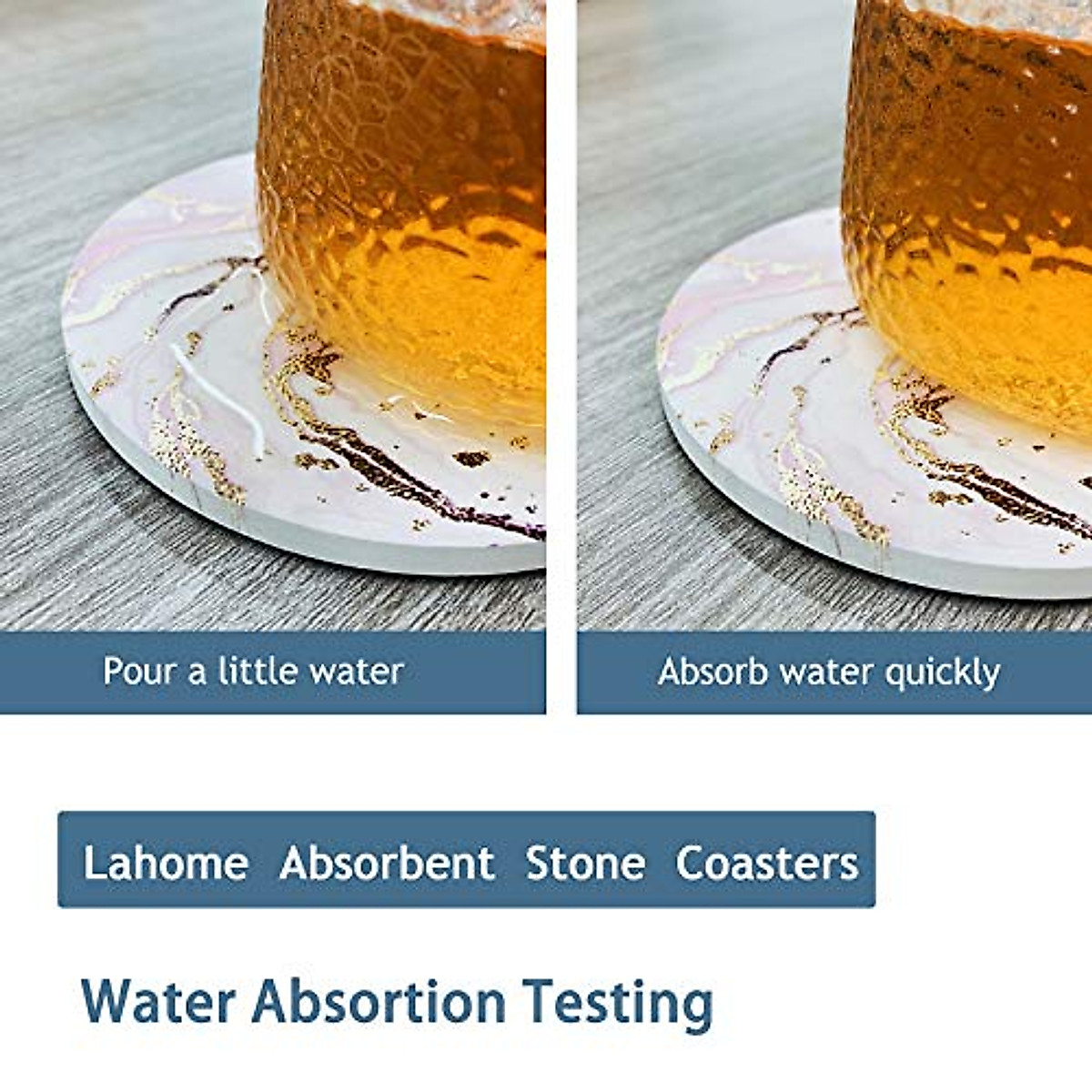 Lahome Pink Coasters for Drinks Absorbent with Holder,Set of 6 Marble Pattern Ceramic Stone Coaster Set with Cork Backing for Mugs Cups Wooden Coffee Table Protection,4 Inches