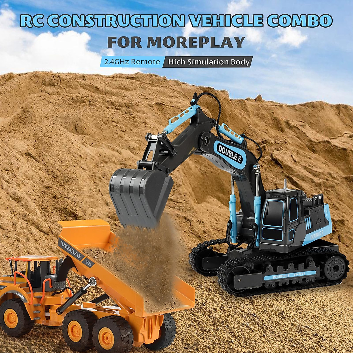 DOUBLE E Remote Control Excavator Toy RC Excavators Rechargeable Battery Digger Hydraulic Construction Toys Vehicles Xmas Gift for Boys Girls Kids 3-14 Years，Gray-Blue