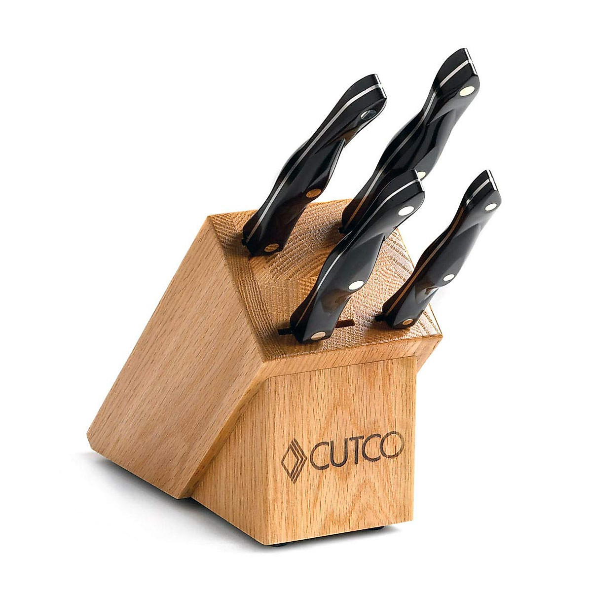 Model 1809 Studio Set with Honey Solid Oak Block. 4 High Carbon Stainless knives with Classic Dark Brown handle (often called "Black") ............................ Set includes 1720 Paring Knife, 1721 Trimmer, 1729 Petite Carver, 1768 Spatula Spreader, an