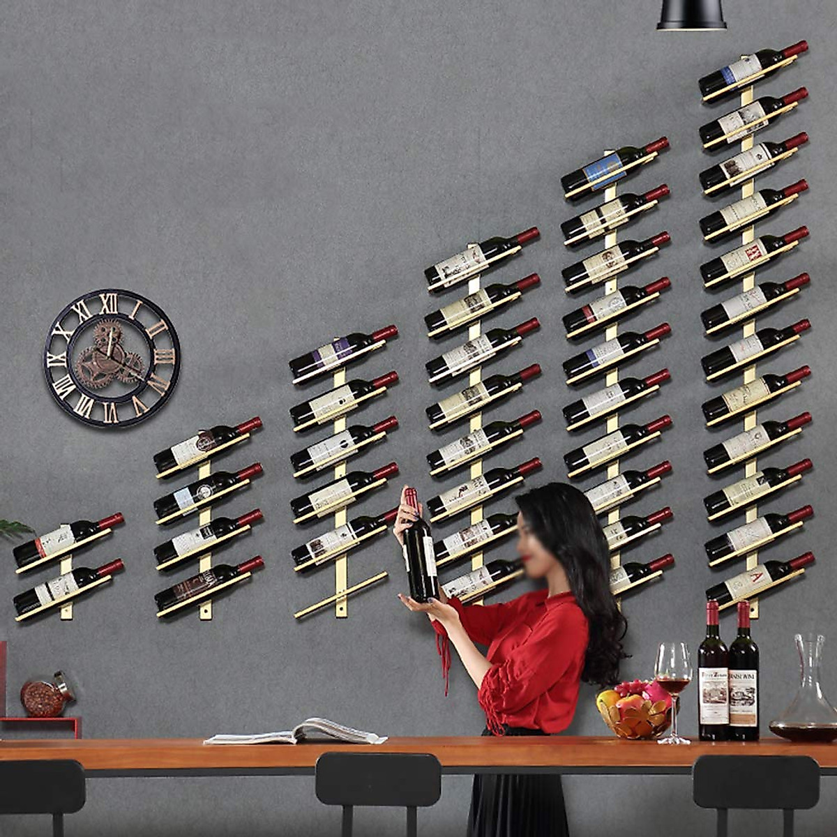 Metal Wall Wine Rack, Wall-Mounted Wine Rack with Bottle & Glass Holder,Metal Hanging Wine Holder,Floating Bottle Storage Rack,Stemware Racks Organizer, Gold, 4 Bottles