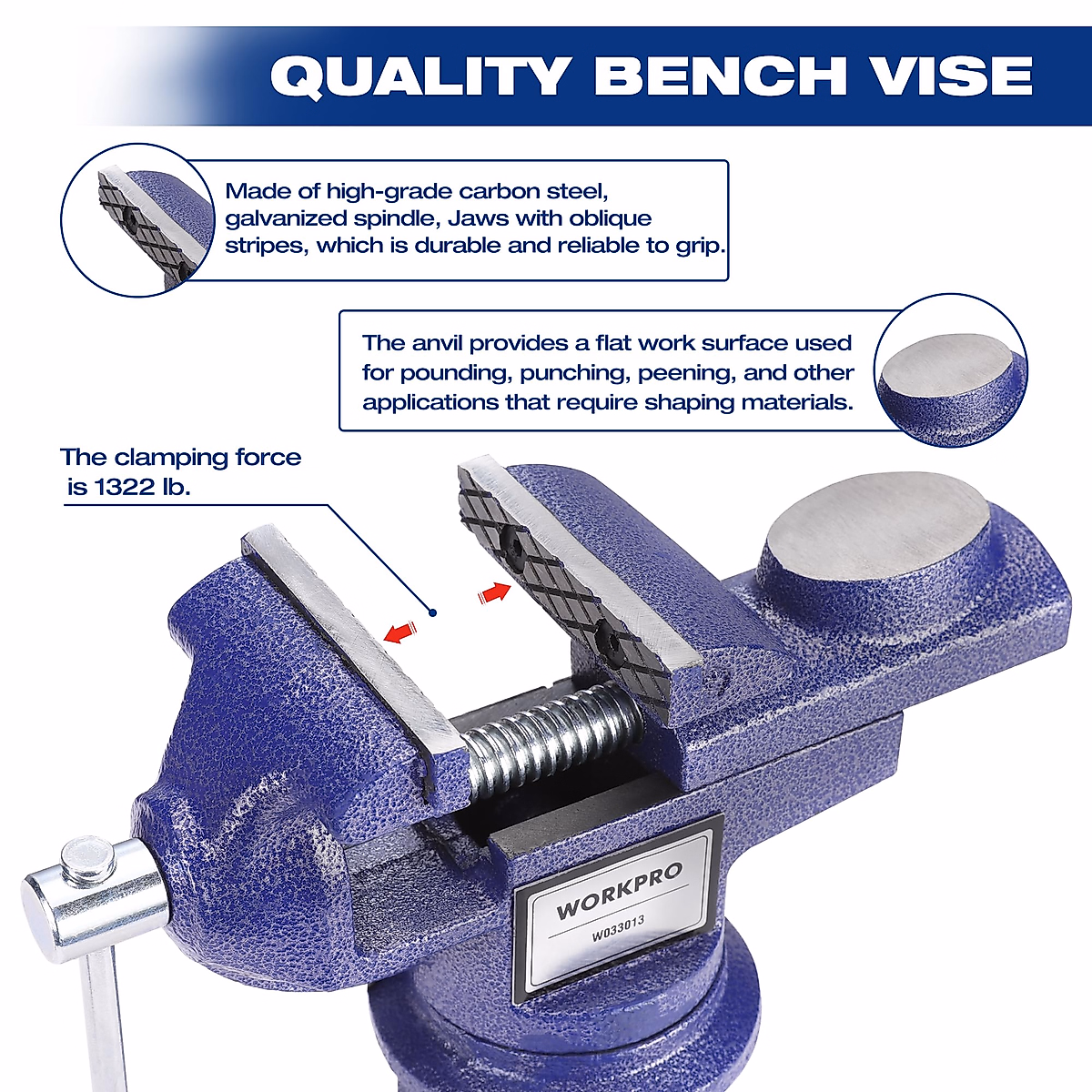 WORKPRO Bench Vise, 2.5 Inch Jaw Width Universal Table Vise, 360°Swivel Base Home Vice Bench Clamp with Magnetic Jaw Pads, Portable Clamp-on Vise Bench for Woodworking, Metalworking, Drilling