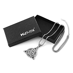 HZMAN Double Sided Stainless Steel Triple Goddess Triquetra Necklace Celtic Knot Irish Christian Trinity Knot Pendant