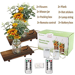 OurWarm Sunflower Mason Jar Sconces Wall Decor Set of 2 Rustic Wall Sconces Handmade Hanging Mason Jars with LED Fairy Lights for Home Kitchen Living Room Farmhouse Wall Decorations Lights