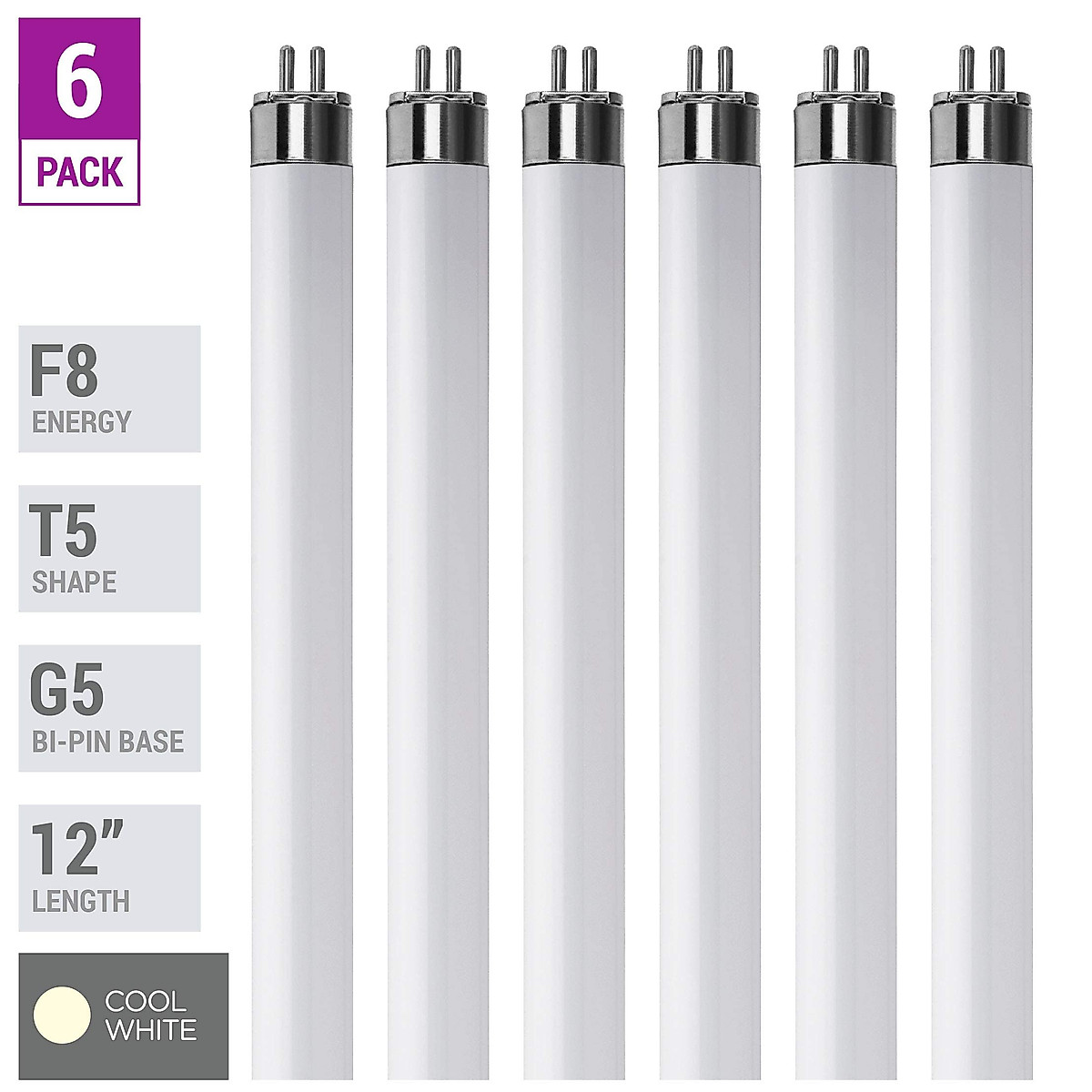 KOR (Pack of 6) F8T5/CW - T5 Fluorescent 4100K Cool White - 8 Watt - 12" Super Long Life Light Bulbs