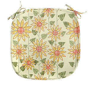 Ambesonne Sunflower Chair Seating Cushion Set of 6, Floral Nature Pattern in Patchwork Style Rustic Country Design, Anti-Slip Seat Padding for Kitchen & Patio, 16"x16", Olive Green Orange
