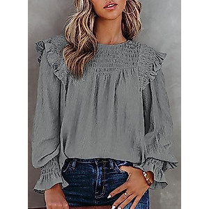 Dokotoo Womens Ladies Ballon Long Sleeve Tops Fall 2023 Crewneck Smocked Cuffs Stylish Ruffle Solid Color Fashion Tops Casual Loose Office Work Shirts Blouses for Women Gray L