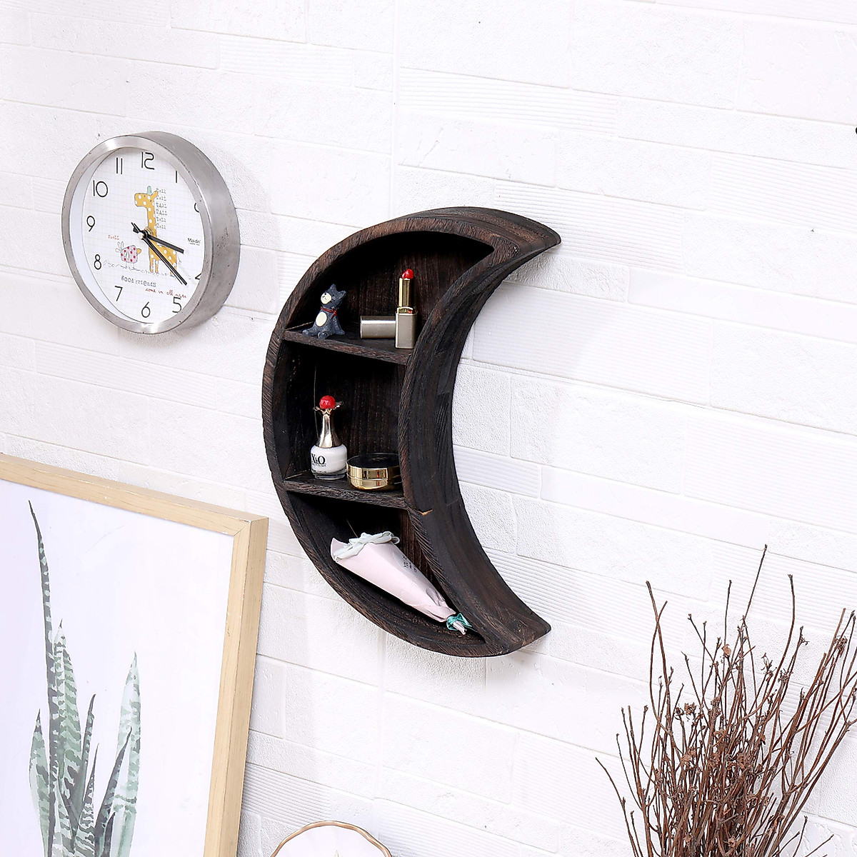 Wall Mounted Moon Shelf-Solid Wood Crystal Shelf，Distressed Antique Finished Storage Holder,Farmhouse Hanging Disaplay Shelves for Living Room,Bedroom(Burnt Color)