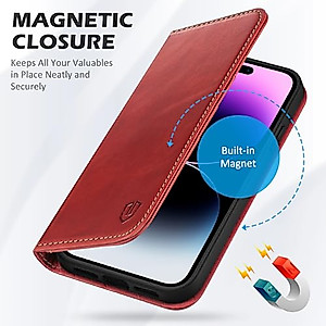 SHIELDON Case for iPhone 14 Pro Max 5G, Genuine Leather Wallet Case Magnetic Cover RFID Blocking Card Holder Kickstand Drop Protection Case Compatible with iPhone 14 Pro Max 6.7" 2022 - Retro Red