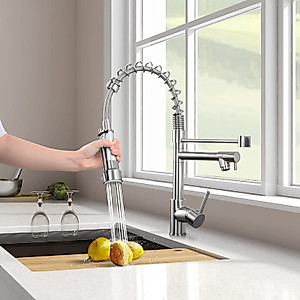 Qomolangma Contemporary Kitchen Faucet with Pull Down Sprayer, Stainless Steel Single Handle Spring Kitchen Sink Faucets with Sprayer, with Deck Plate, Brushed Nickel