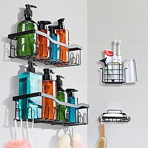 ChicChicHomes Shower Caddy 4 Pack, No Drilling Adhesive Wall Mounted Shower Organizer for Bathroom Storage&Kitchen, Large Capacity Rustproof Stainless Steel Shower Shelf, Ruggedized, Black
