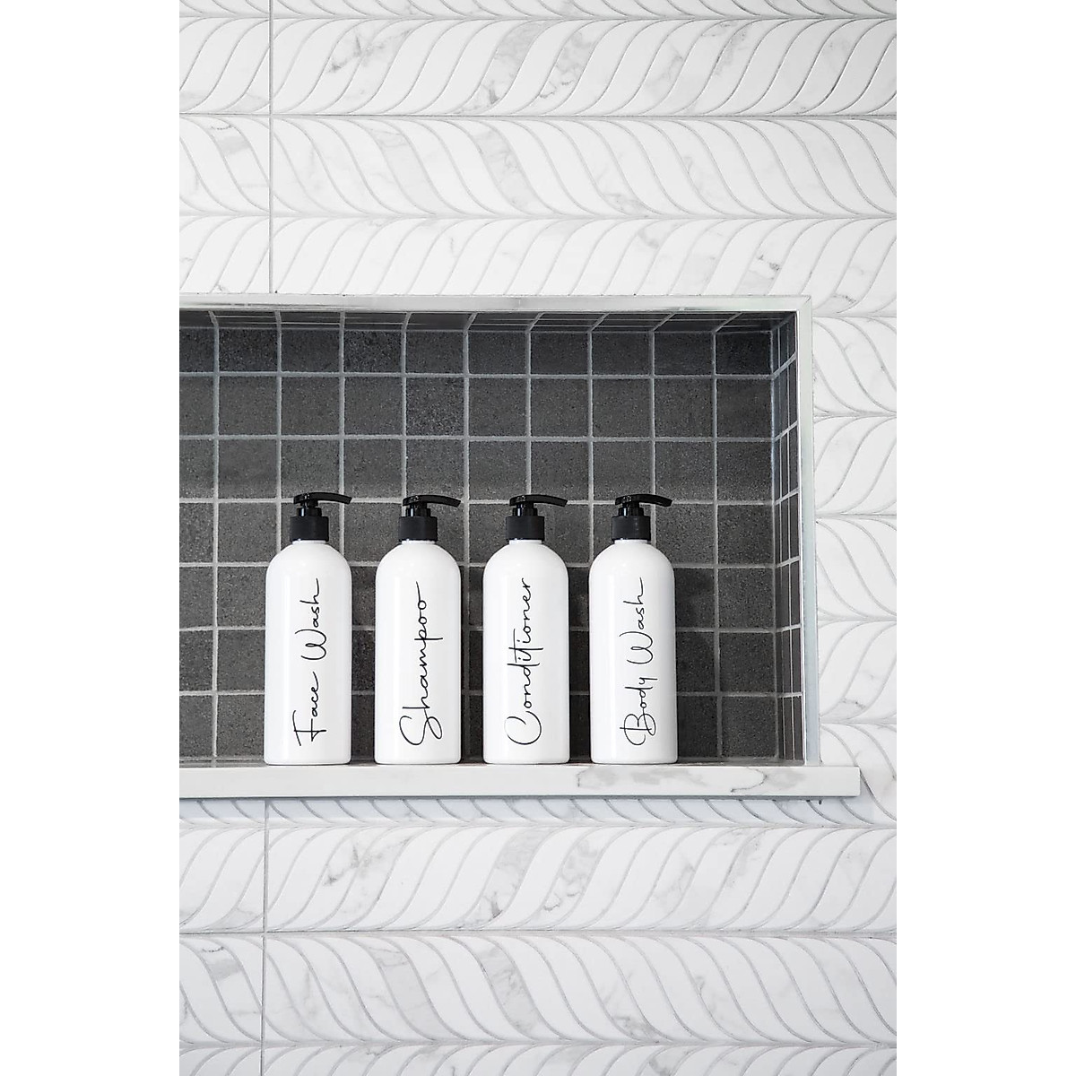 Alora Reusable Face Wash Bottle - Permanent Stylish Labels - 16oz Pump Bottle Dispenser for Face Wash - Empty Plastic Refillable Containers for Shower