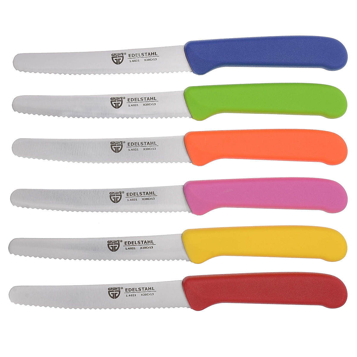 GRÄWE table knife 6 pieces, knife set for cutting, pack of 6 bread knives, breakfast knife with serrated edge on one side, knife 8.3 inch - Colorful