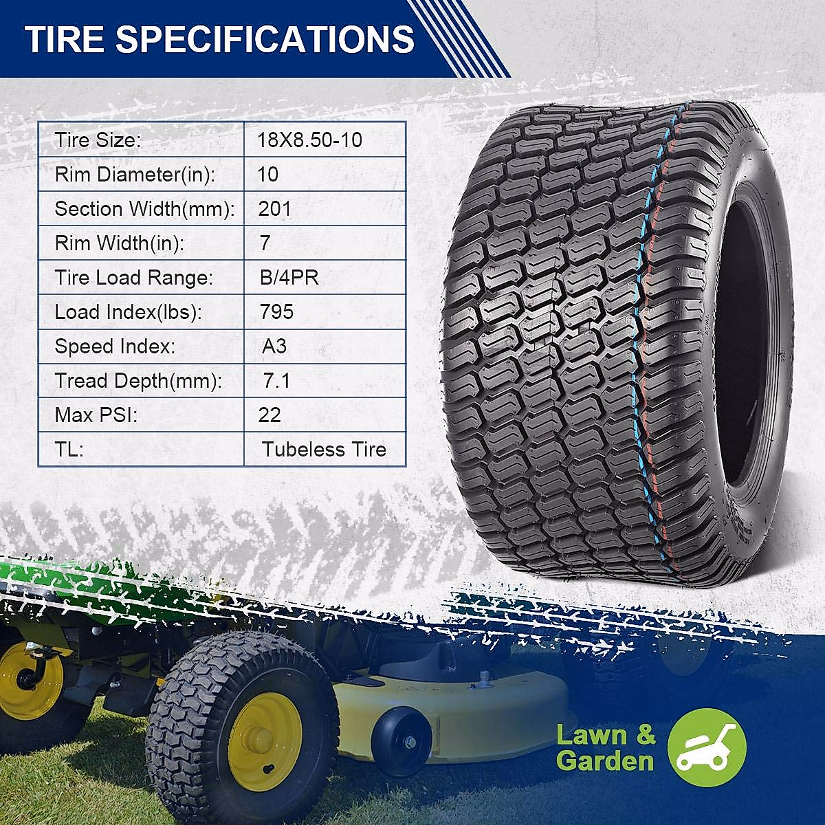 MaxAuto 2Pcs 18X8.50-10 Turf Lawn Mower Tractor Riding Tire P332 4PR Load Range B