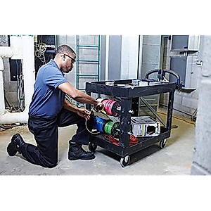 Rubbermaid Commercial Products Heavy-Duty 2-Shelf Rolling Utility Cart with Ergonomic Handle, Lipped Shelves, Large, Black Perfect for Office, Classroom or Home Use (FG454600BLA)