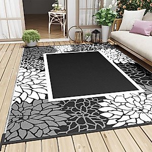 Outdoor Rug Reversible Waterproof-Patio Rug Floral Outdoor Plastic Straw Rugs for Patio Decor- Outdoor Area Rug for Balcony Porch Deck Backyard-Camping Mat for Outside Your RV 5'x8' Black&White