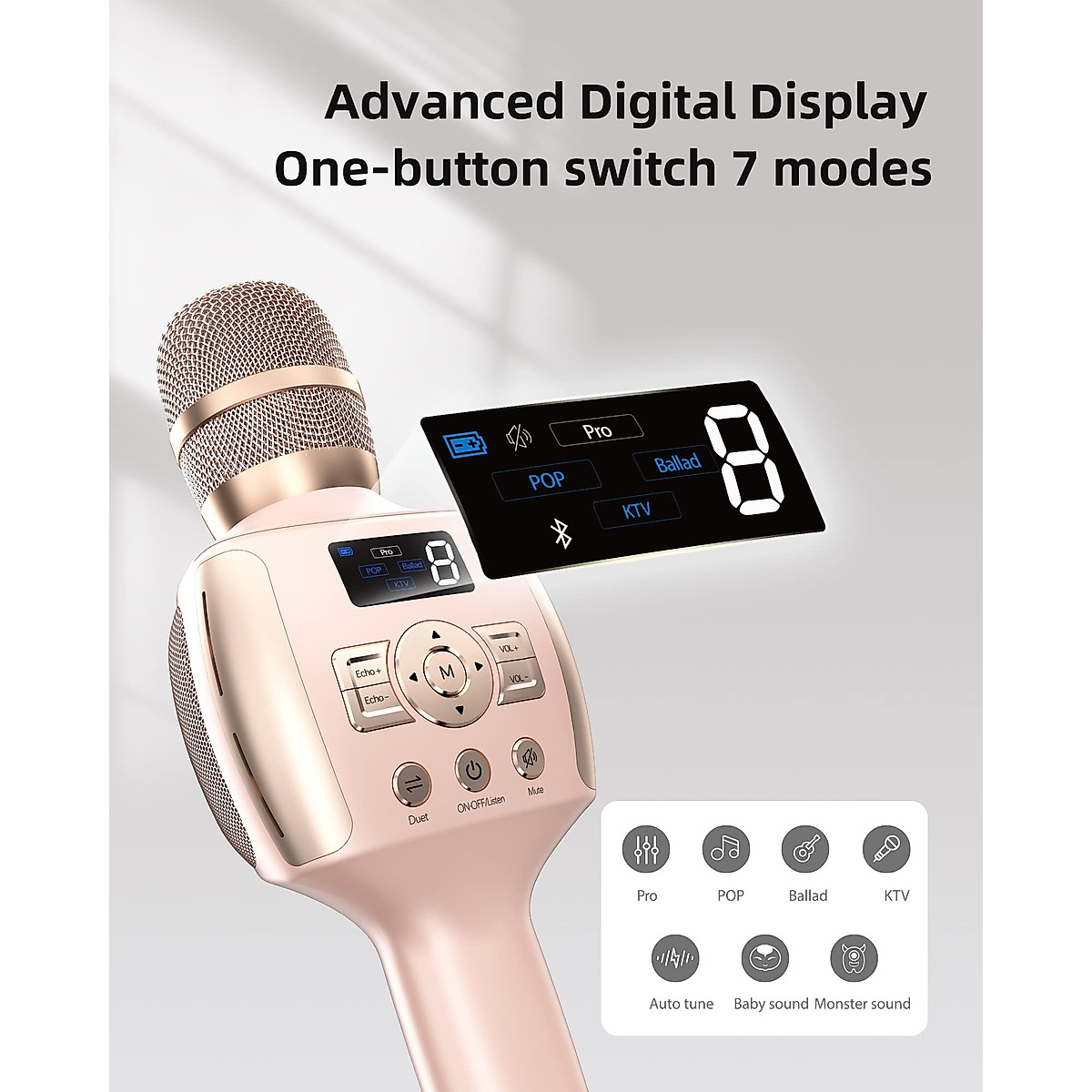 MEINIAO Karaoke Microphone with Digital Screen, Handheld Portable Bluetooth Microphone for Party, Karaoke, Music, & Recording All iOS Android Pc A2(Pink)