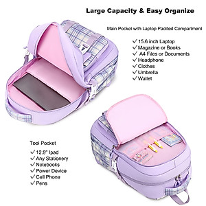 AO ALI VICTORY Girls Backpack 15.6 Inch Laptop School Bag Cute Kids Elementary College Backpacks Large Bookbags for Teen Girl Women Students Anti Theft Travel Daypack - Purple
