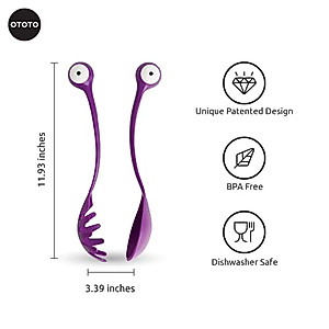 OTOTO Pasta Monsters and Salad Servers - BPA-Free Fun Kitchen Gadgets - 100% Food Safe Salad Spoon and Fork Set - Pasta and Salad Server - 11.93x 3.39 x 2.24 inch (Purple)