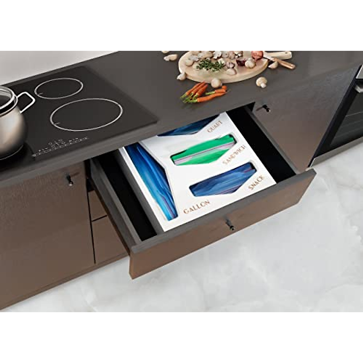 provoom Ziplock Bag Storage Organizer – Ziplock Organizer for Drawer with Grocery Bag Holder – Bamboo Baggie Organizer Compatible with Gallon, Sandwich, Snack, Quart Food Storage Bags(WHITE)