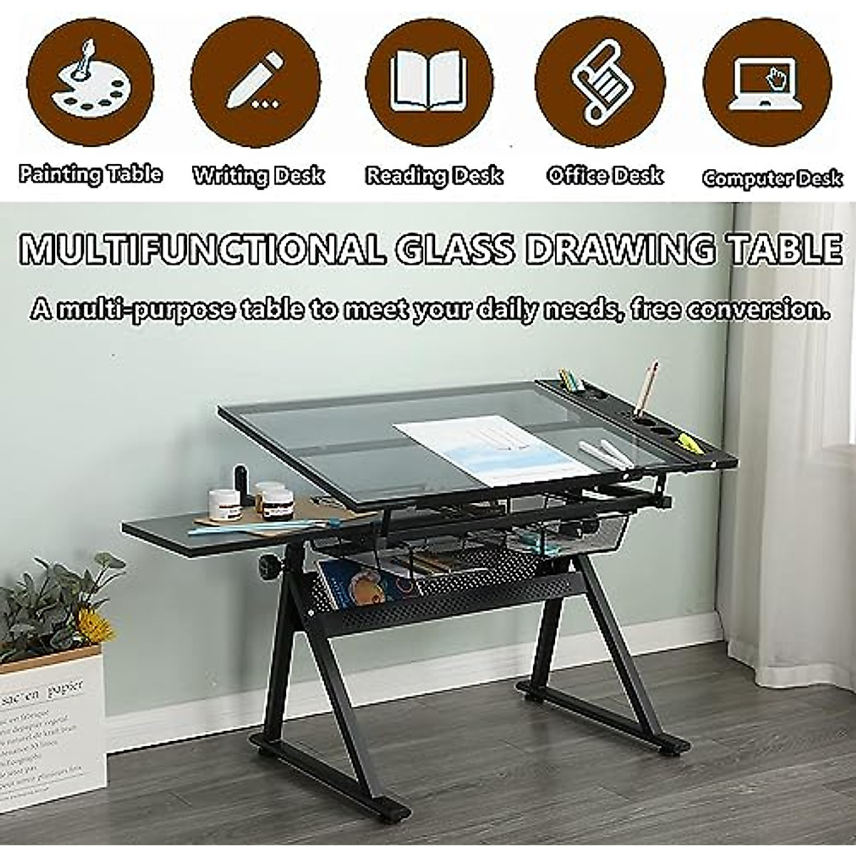 Drafting Printing Table with Chair & Storage Drawer,Tempered Glass Professhional, Adjustable Extended & Storage Cabinet, for Office School, Black