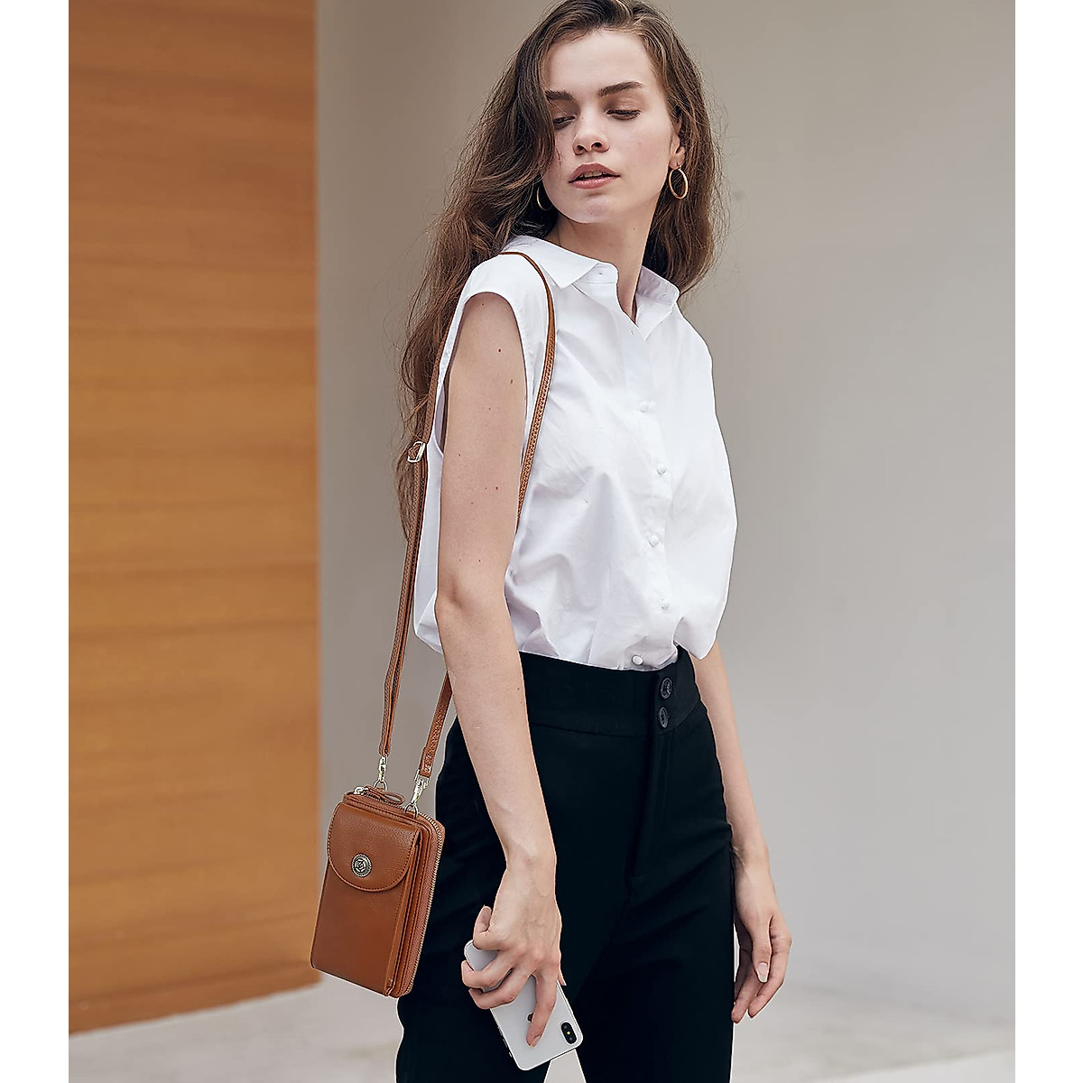 BROMEN Small Cell Phone Purse Crossbody Bags for Women Vegan Leather Wallet Purse with Credit Card Holder Brown Grain